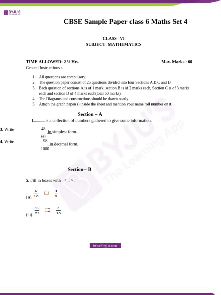 CBSE Class 6 Maths Sample Paper Set 4 | PDF | Numbers | Arithmetic