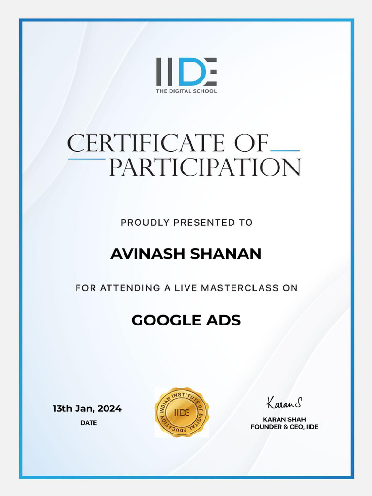 Google Ads MasterClass Certificate - IIDE | PDF