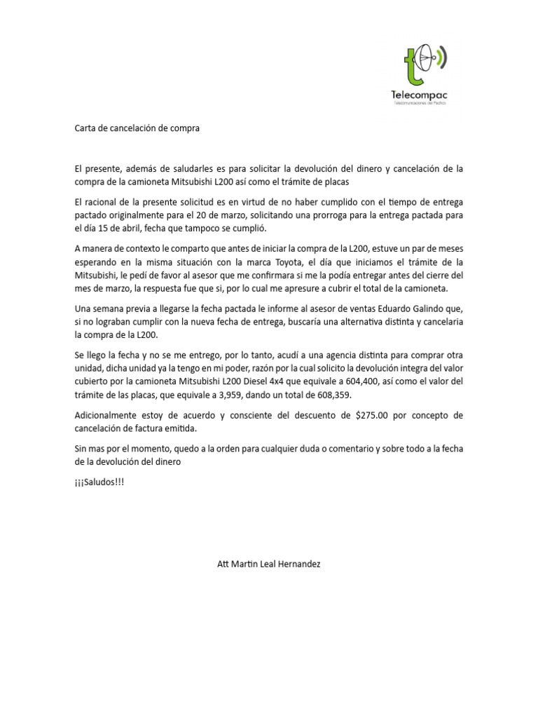 Carta de cancelación de compra membretada | PDF