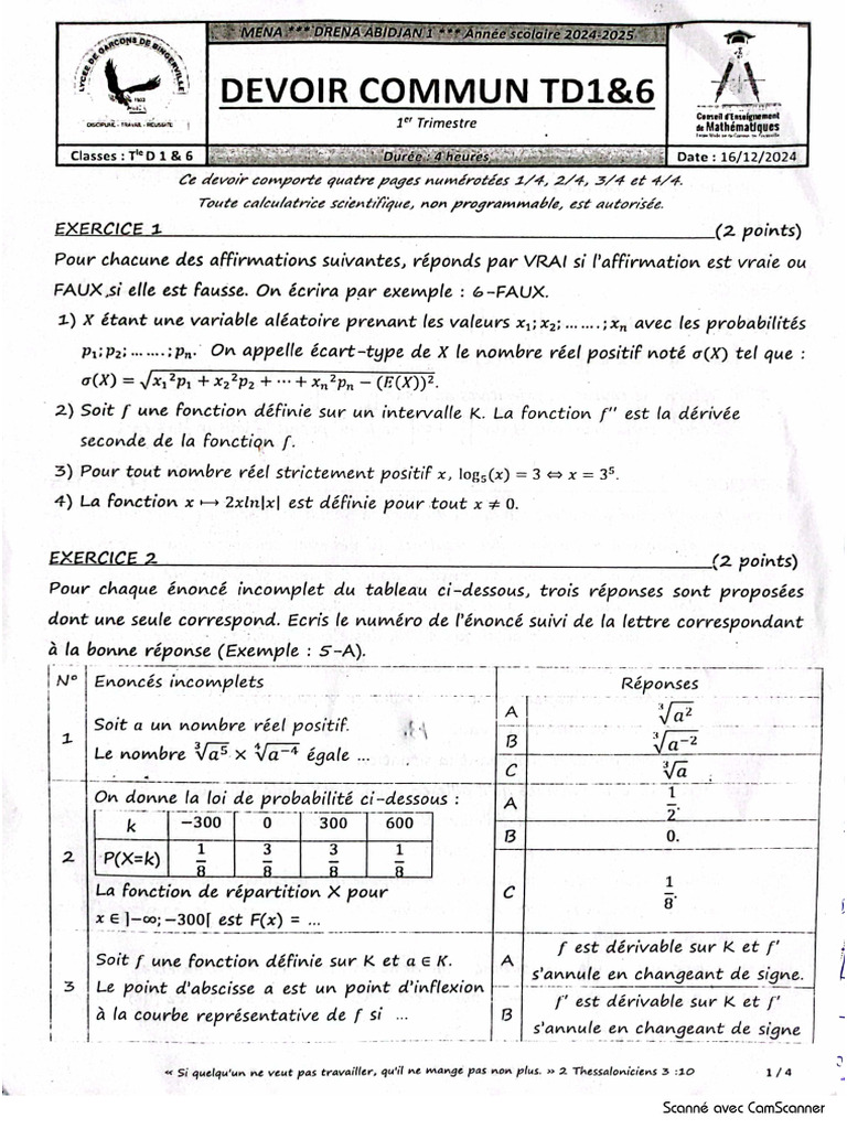 sujet et Barème DEVOIR COMMUN TleD 2024 | PDF