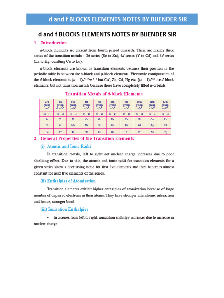 D and F Blocks Elements Notes by Bijender Sir | PDF