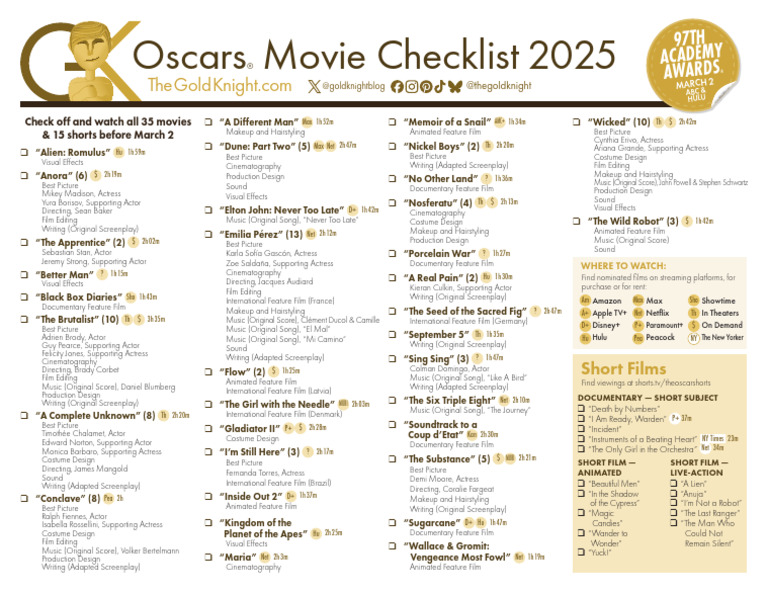 Oscars Movies Checklist 2025 | PDF