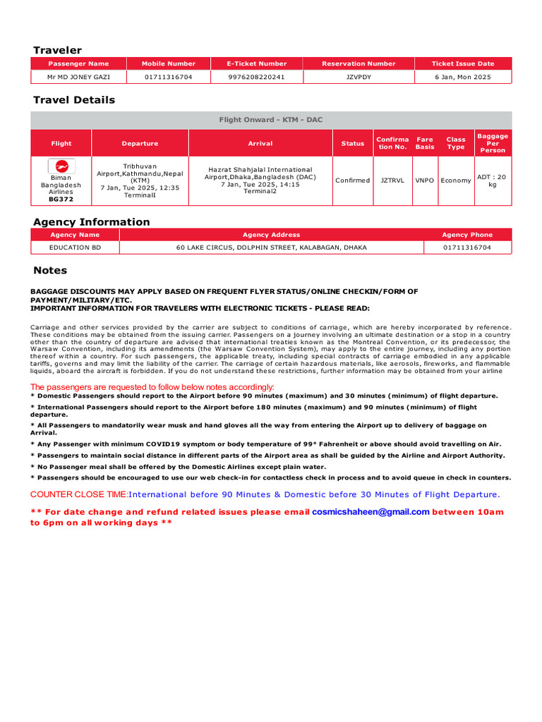 Biman Bangladesh Airlines E-Ticket Details | PDF | Airport | Aviation