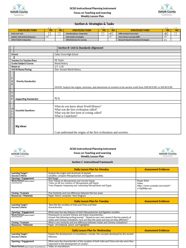 Weekly World History Lesson Plan | PDF | Lesson Plan | Learning