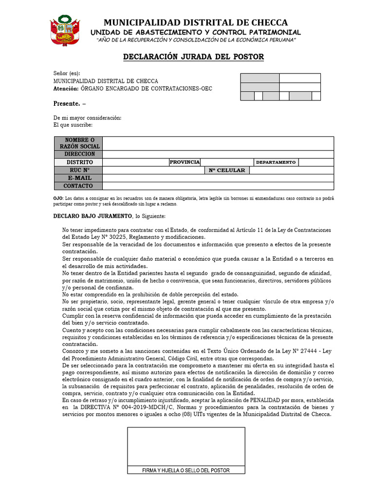 Declaración Jurada Del Postor Checca - 2025 | PDF