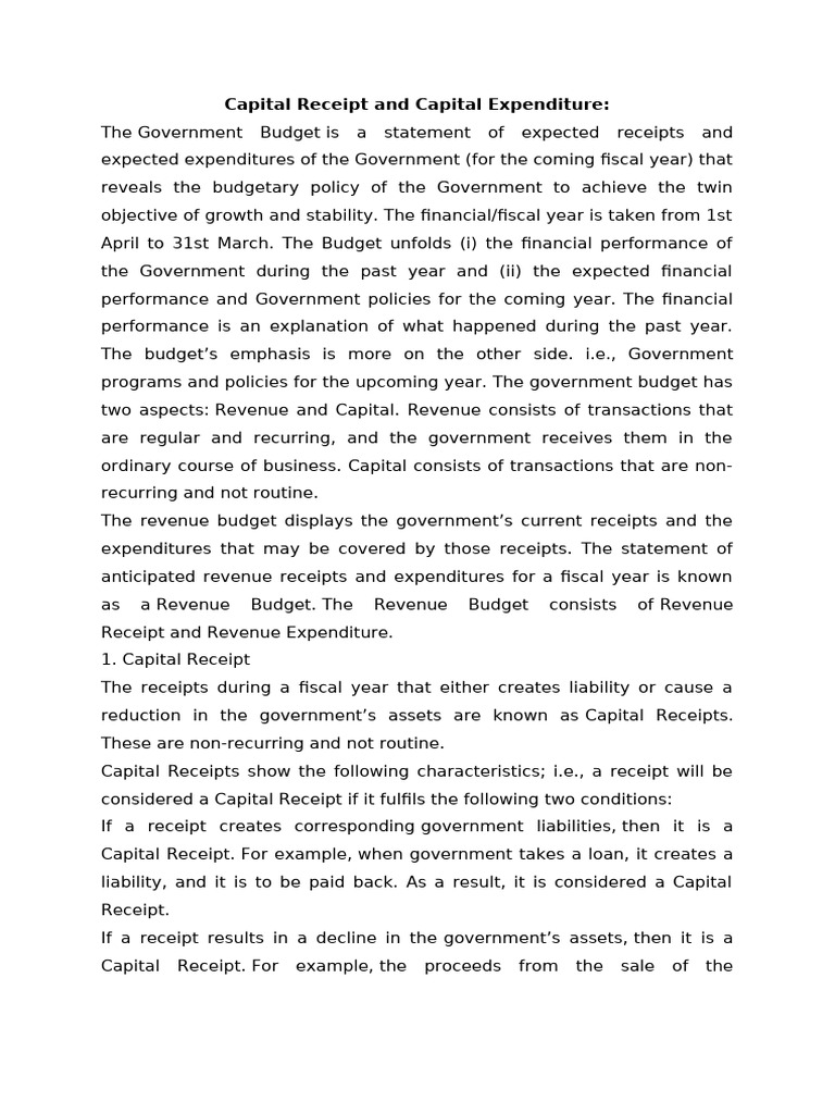 Capital Receipt and Capital Expenditure | PDF | Expense | Loans