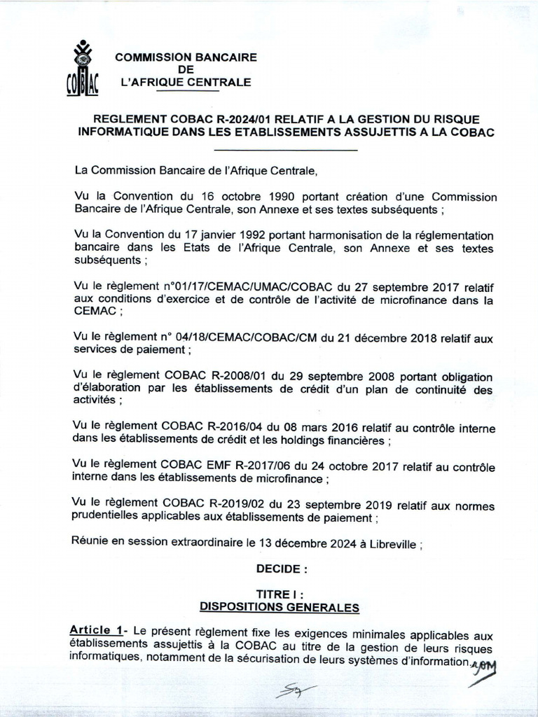 Règlement COBAC 2024 - Gestion Risque Informatique | PDF
