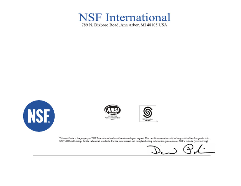 Certificate NSF Uso de La Marca | PDF