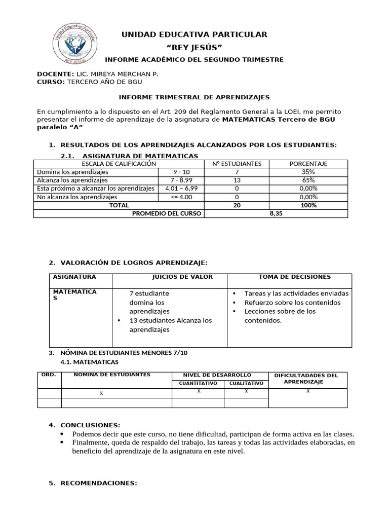 Informe Académico Matemáticas BGU | PDF