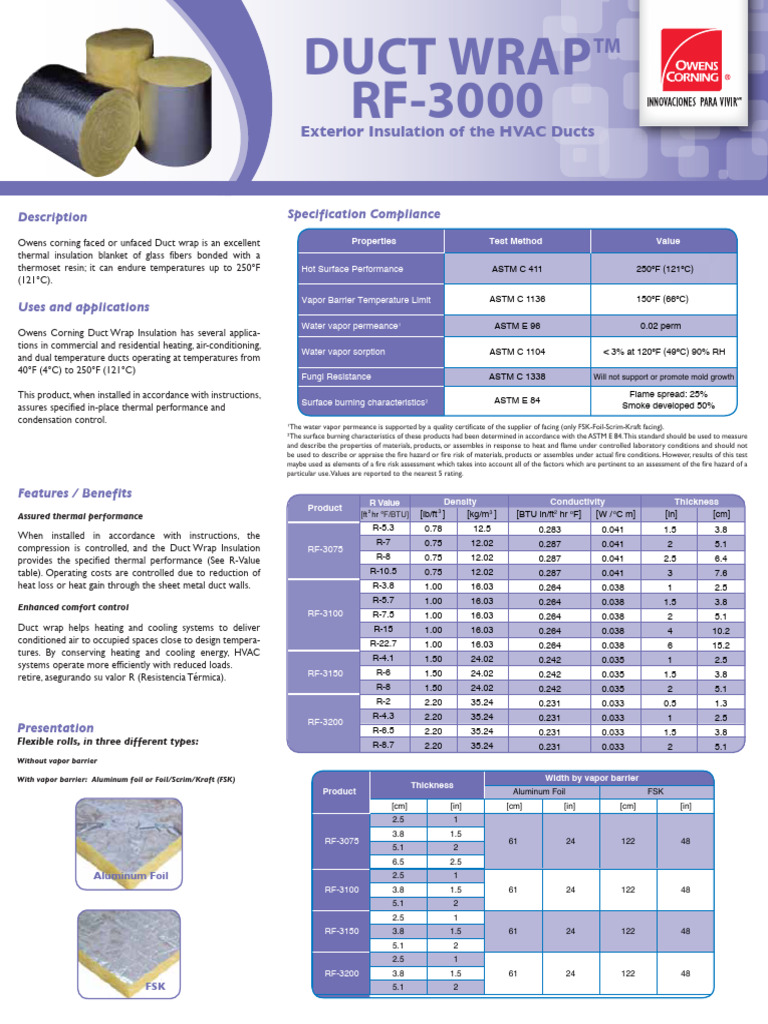 Owens Corning Duct Wrap RF-3000 Guide | PDF | Duct (Flow) | Thermal ...