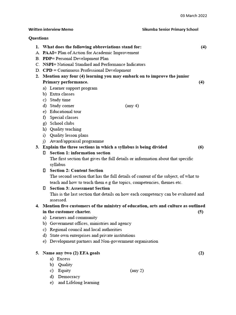 Written Interview Question Papers | PDF | Teachers | Cognition