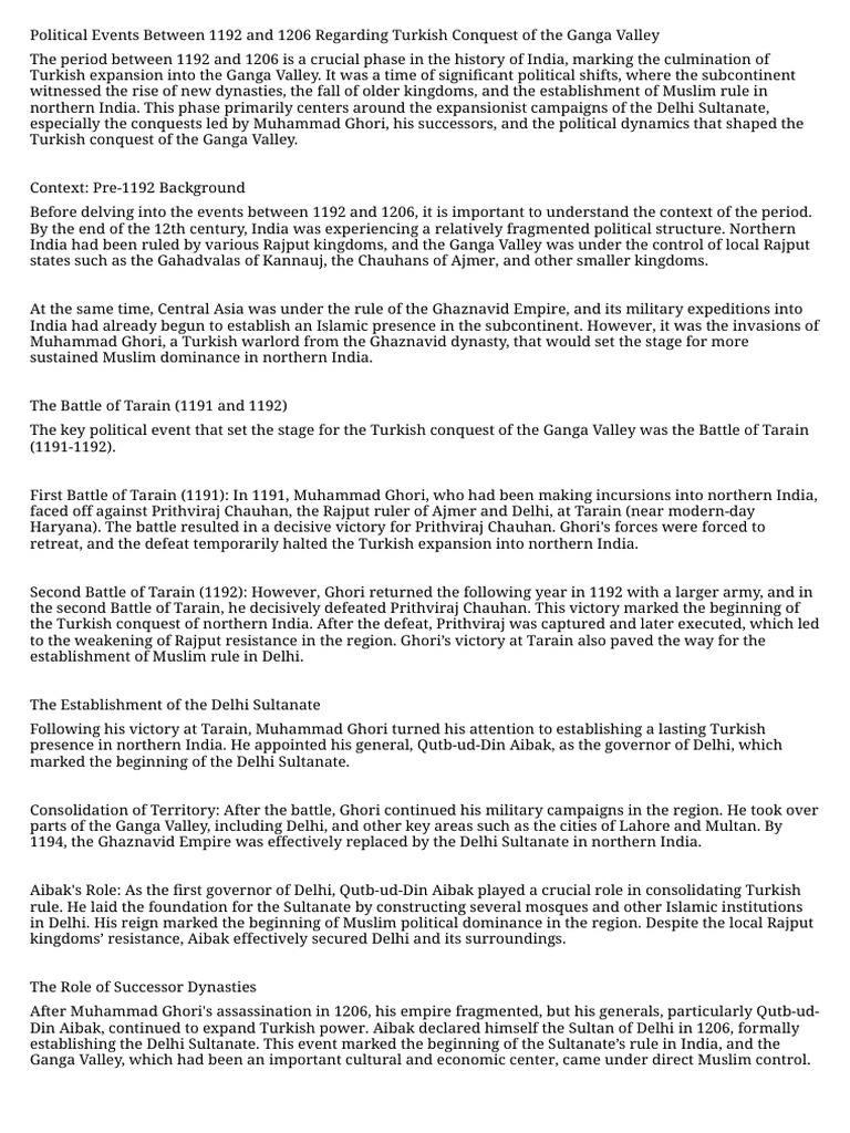 Turkish Conquest of Ganga Valley 1192-1206 | PDF | Delhi | Asia