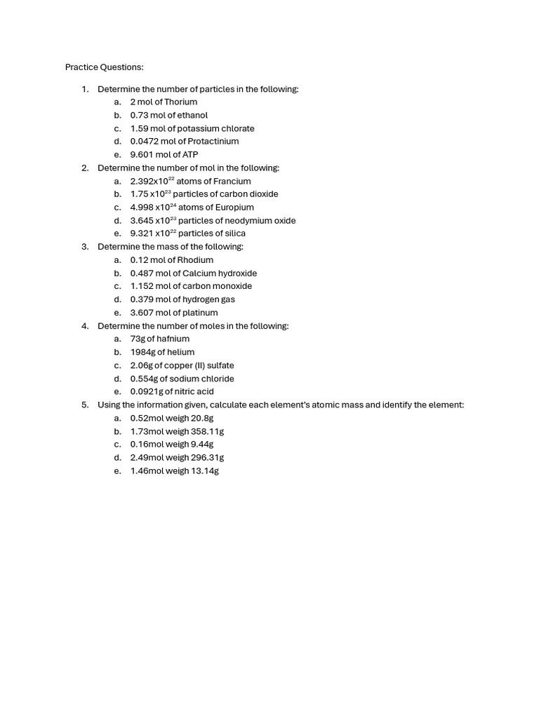 Molar Mass Practice Problems | PDF