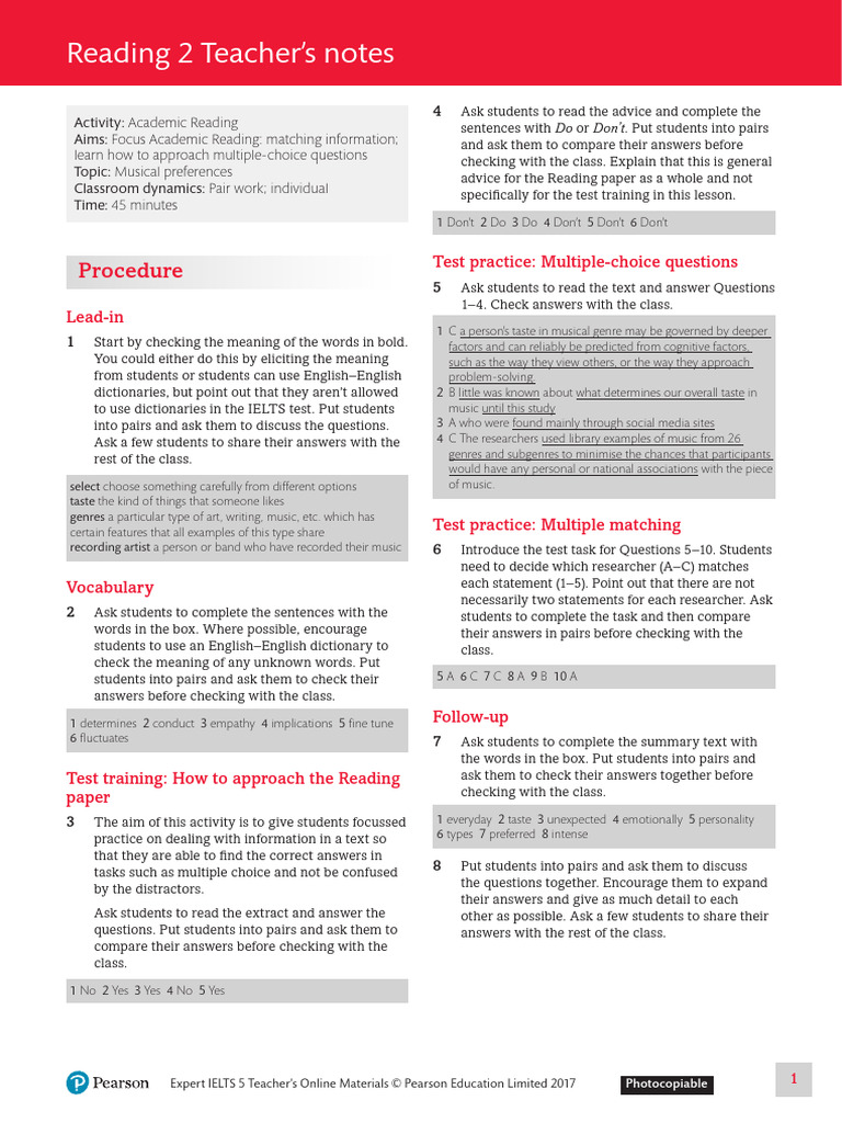 TPL 5 Reading 2 Teacher_s Notes | PDF | Multiple Choice | Genre