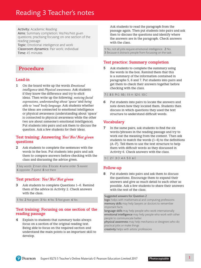 TPL 5 Reading 3 Teacher - S Notes | PDF | Semantics | Emotional ...