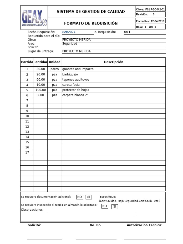 Requisicion EPP Merida 09-08-24 | PDF