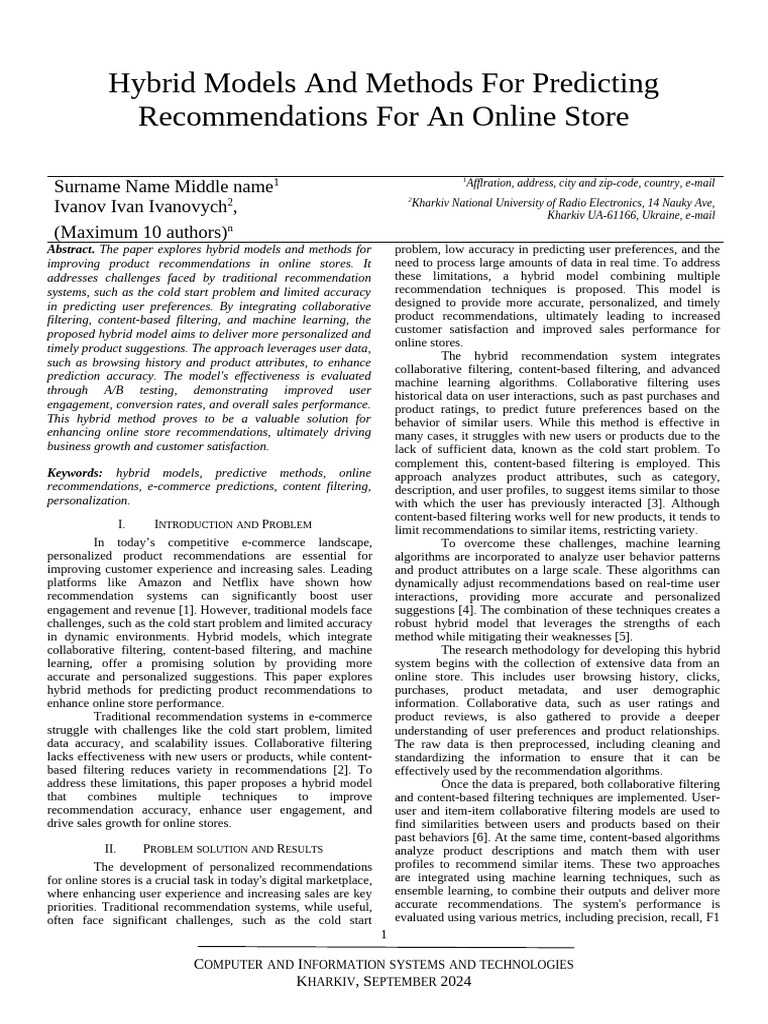Hybrid Models and Methods For Predicting Recommendations For An Online ...