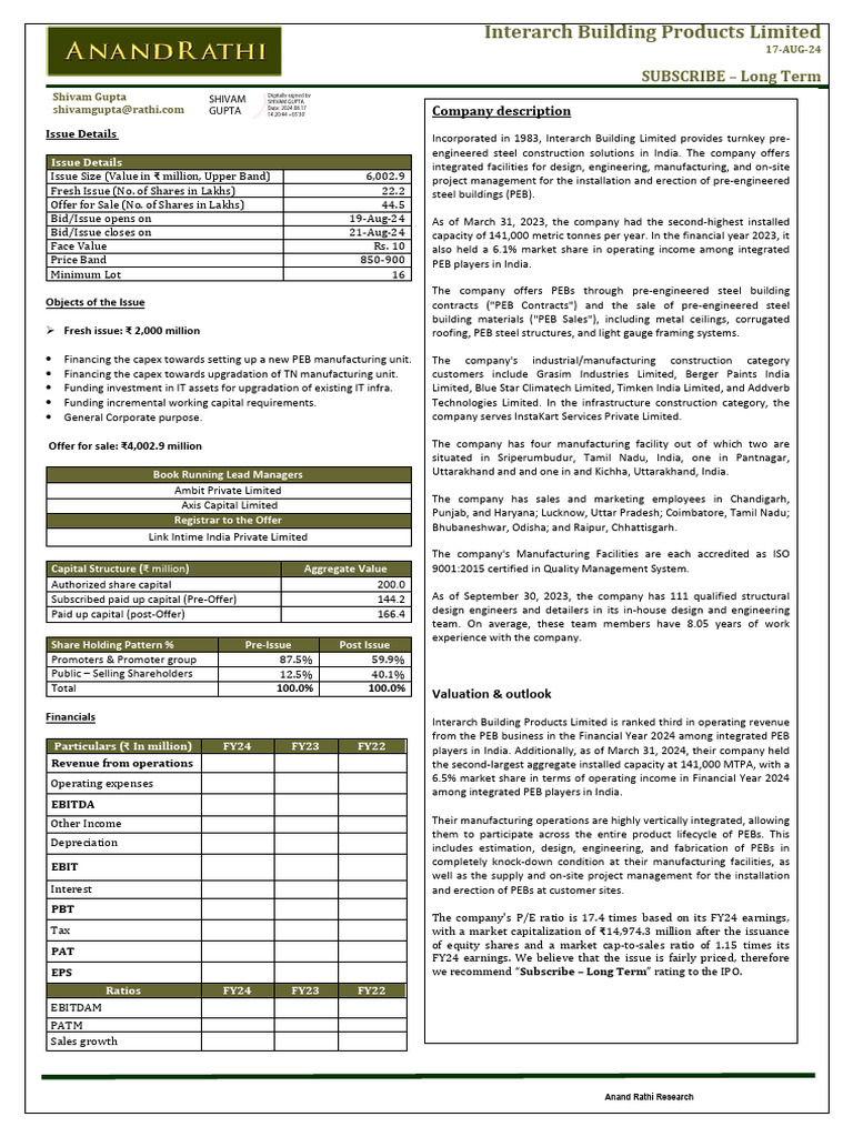 Anand Rathi IPO Note Interarch Building Products LTD IPO Note | PDF ...