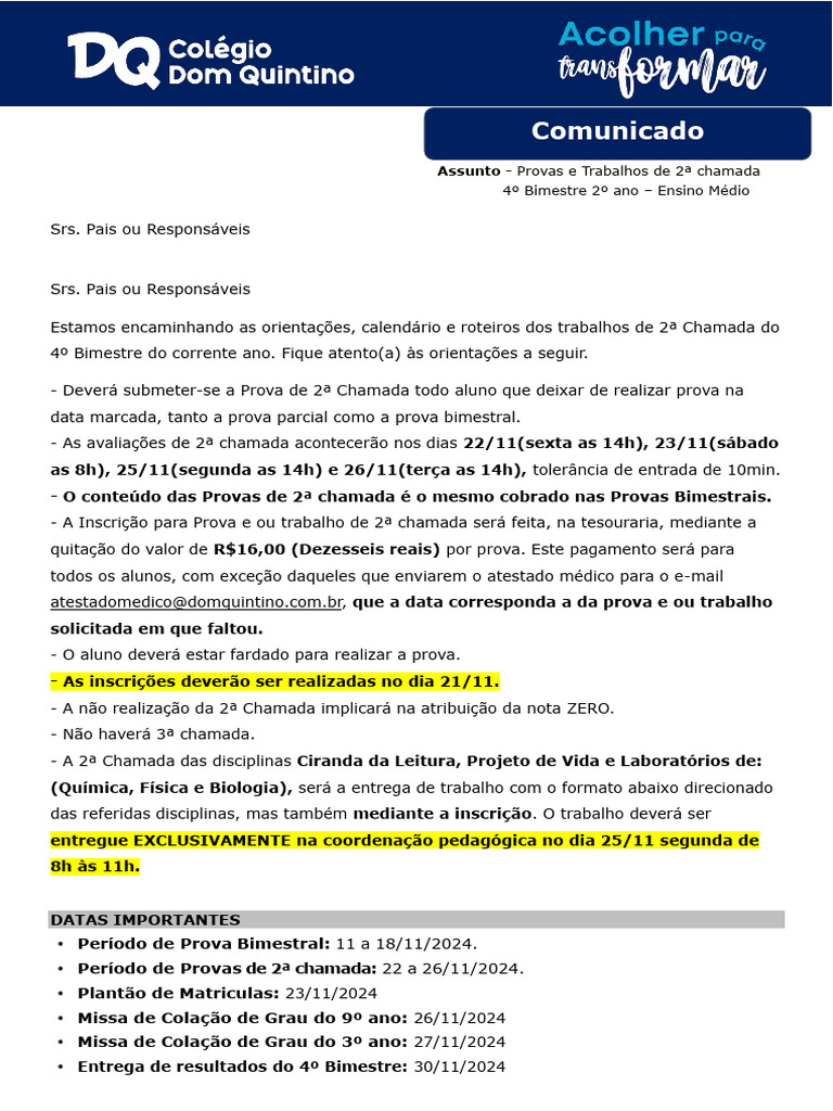 1732103121434 1.Comunicado de 2ª Chamada - 4º Bimestre - 2º Ano | PDF | Resiliência psicológica ...