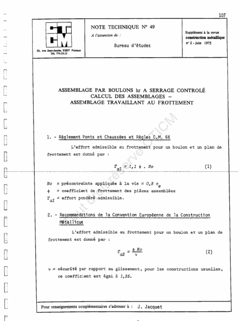Assemblage Par Boulons HR à Serrage Contrôlé. Calcul Des Assemblages - Assemblage Travaillant Au ...