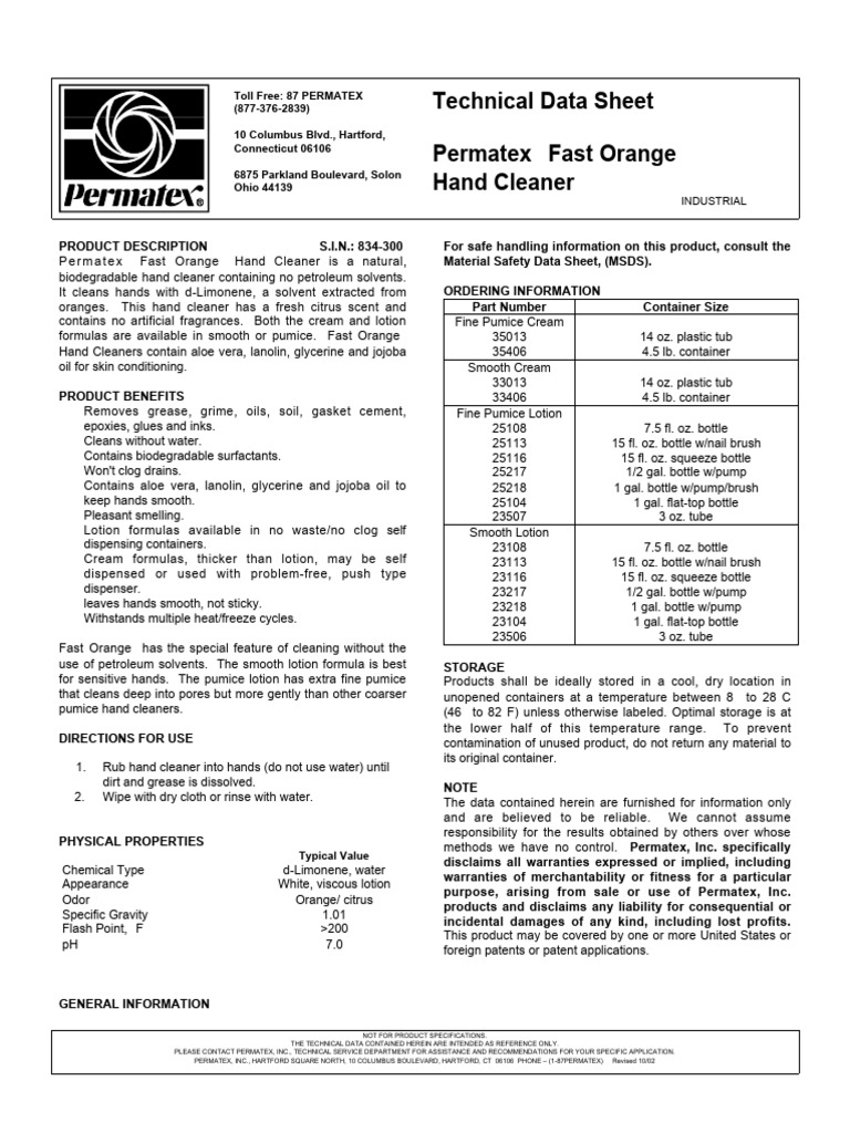 Fast Orange Hand Cleaner Ingredients | PDF