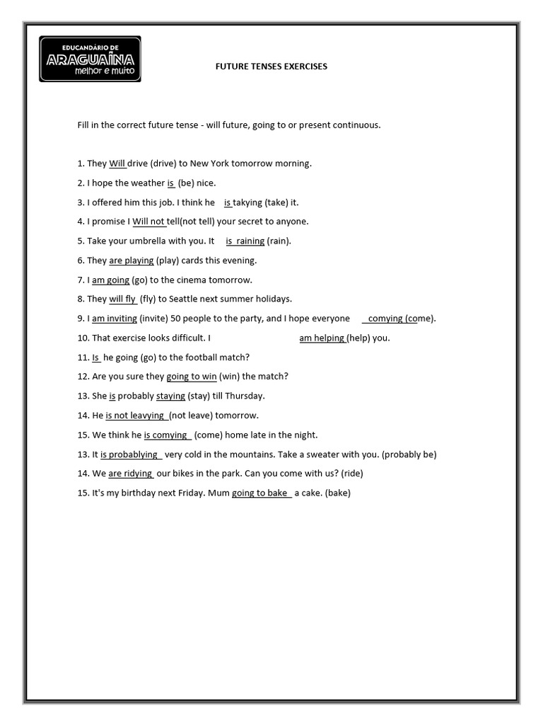 Future Tenses Exercise Worksheet | PDF