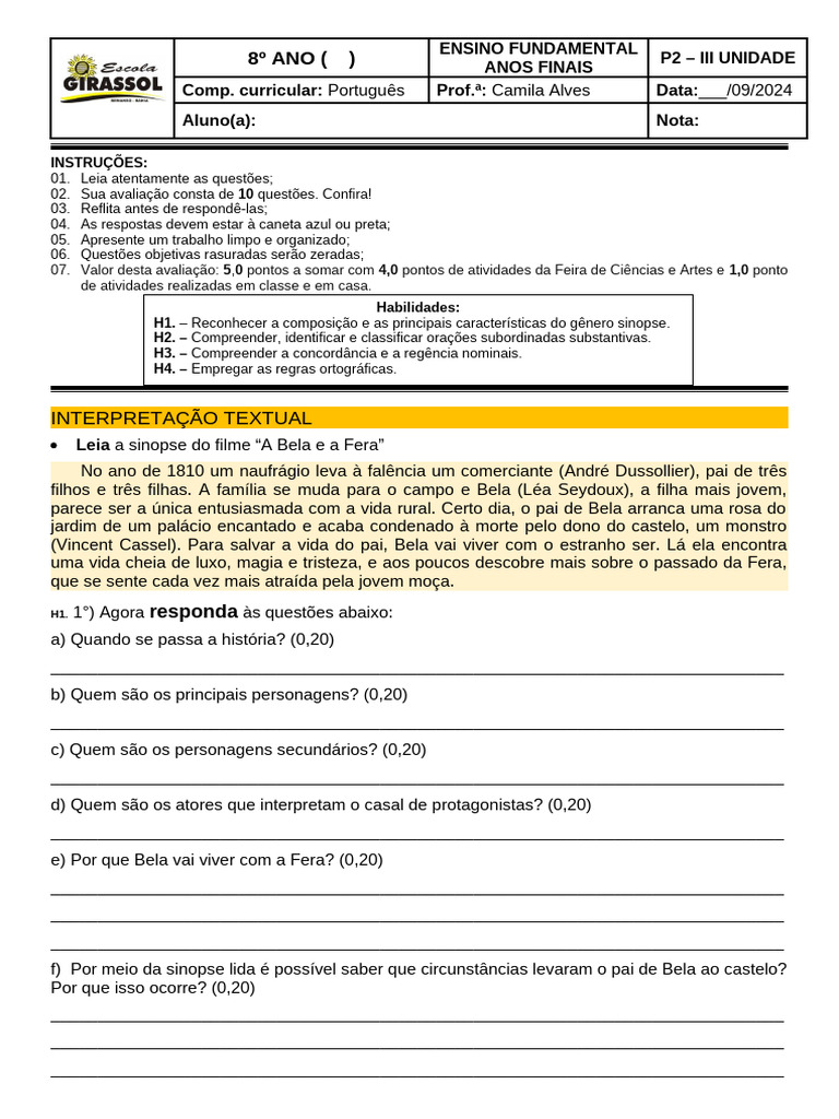 Prova de Português 8º Ano: Sinopses e Gramática | PDF | Linguística