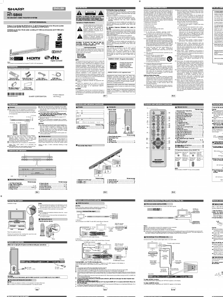 Manual de Usuario Sharp HT-SB602 (Español - 2 Páginas) | PDF ...