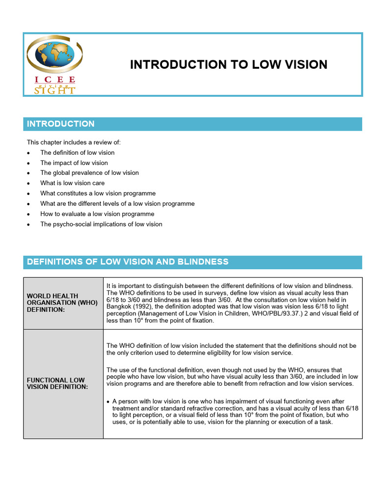 01 Introduction To Low Vision | PDF | Visual Impairment | Visual Perception