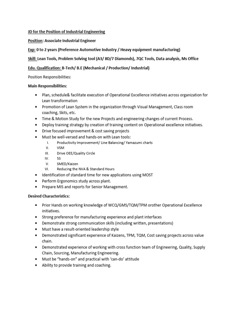 JD Industrial Engineer | PDF