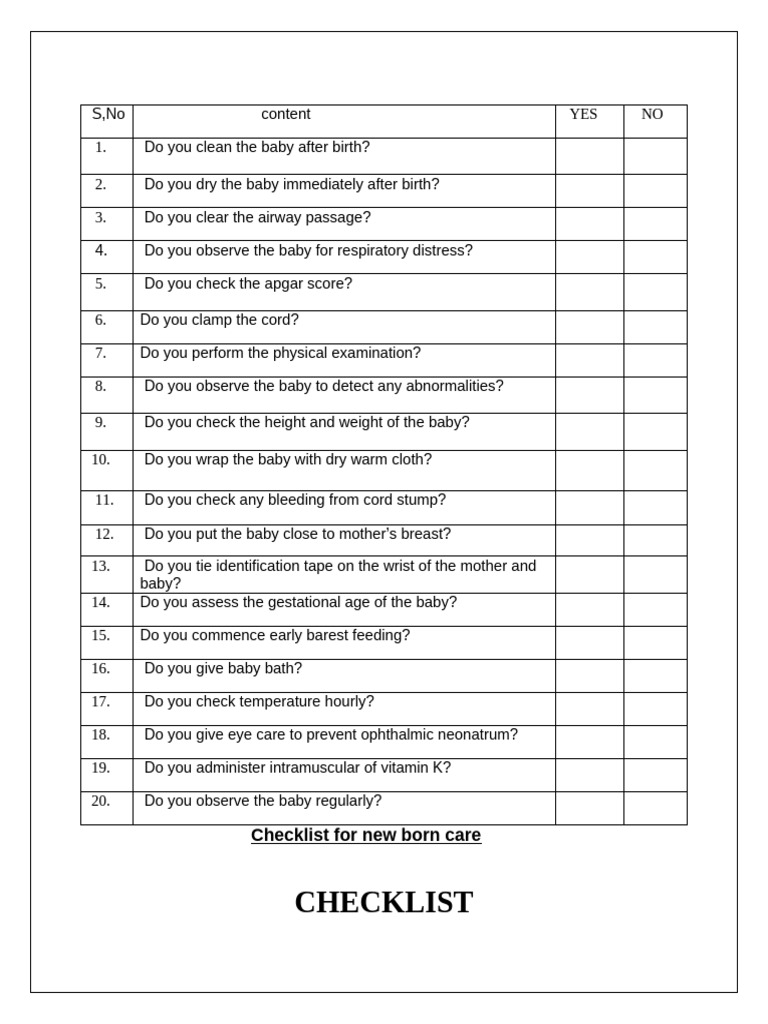 check list for new born | PDF