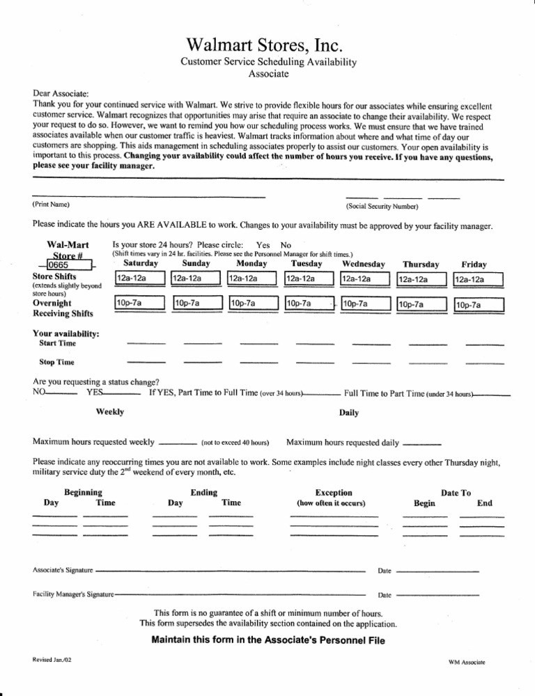 Walmart Associate Availability Form | PDF | Workweek And Weekend | Business