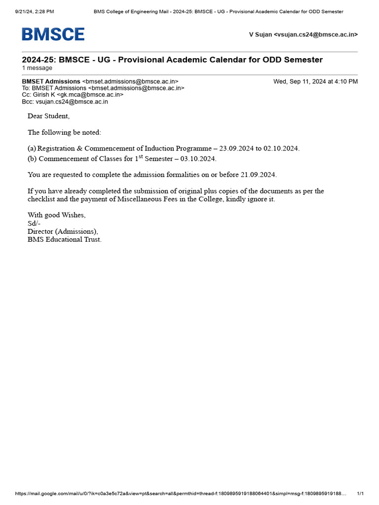 BMS College of Engineering Mail - 2024-25 - BMSCE - UG - Provisional Academic Calendar For ODD ...