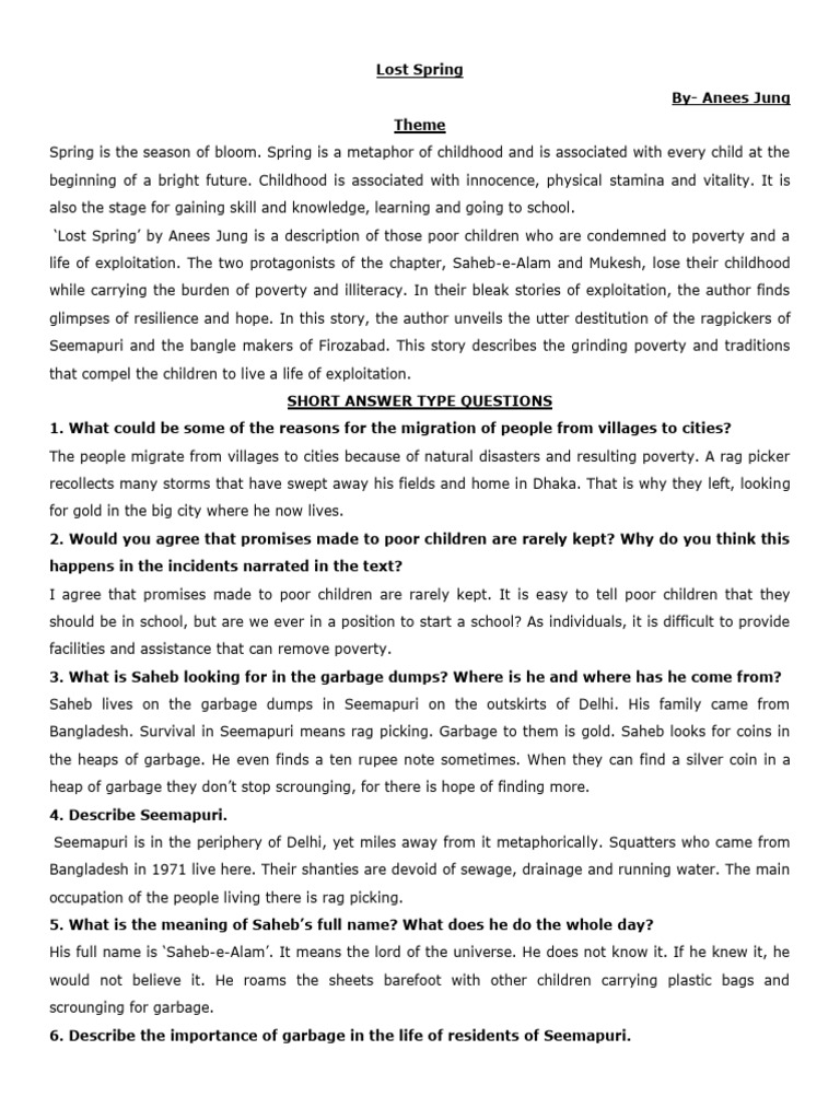 Lost Spring Grade 12 English Notes | PDF | Poverty | Poverty & Homelessness