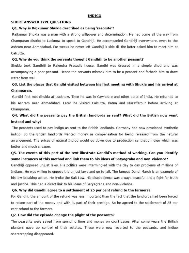 INDIGO Grade 12 English Notes | PDF | Mahatma Gandhi | British Raj