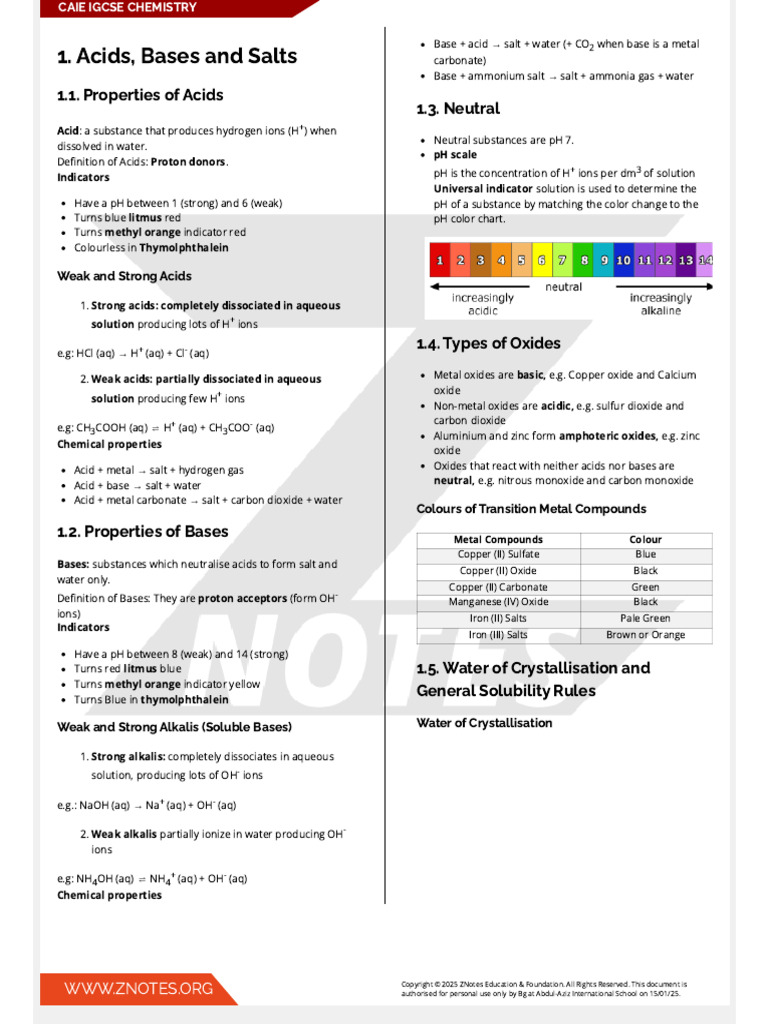 CAIE-IGCSE-Chemistry - Topic 7 Acids-Base-Salts | PDF | Acid | Salt (Chemistry)