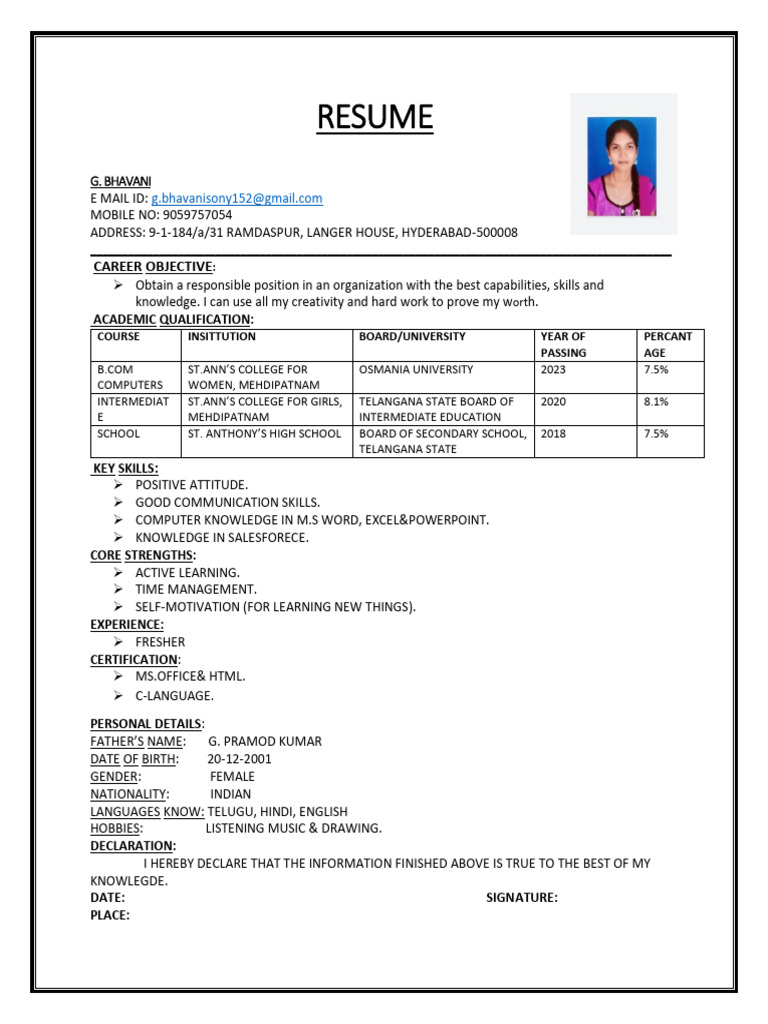 RESUME (G.Bhavani) | PDF
