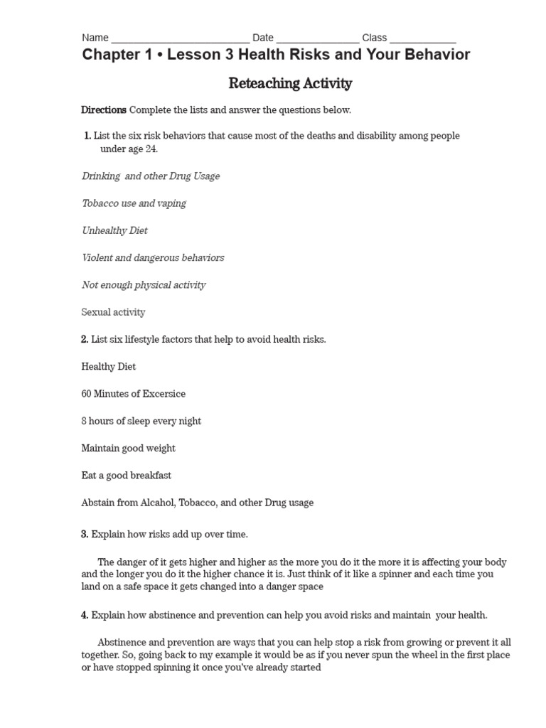 John Leach - CH 1. Lesson 3 Health Risks Reteach | PDF