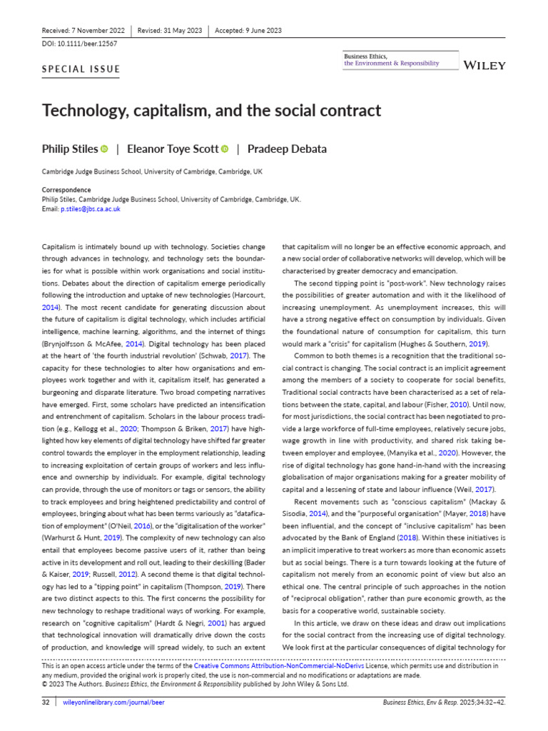 Business Ethics Env Resp - 2023 - Stiles - Technology capitalism and ...
