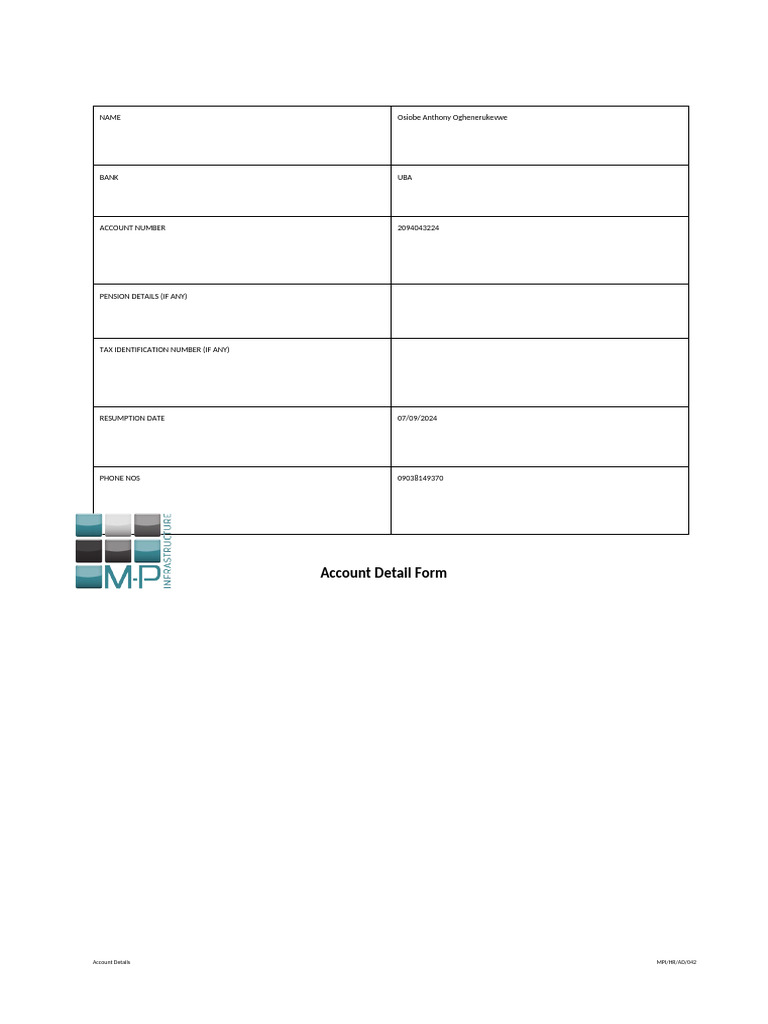 MPI Account Detail Form | PDF