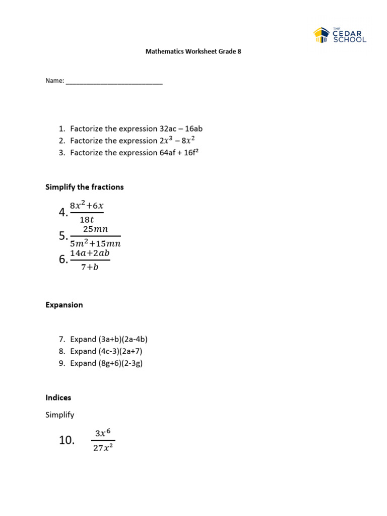Worksheet Grade 8 (Updated) | PDF