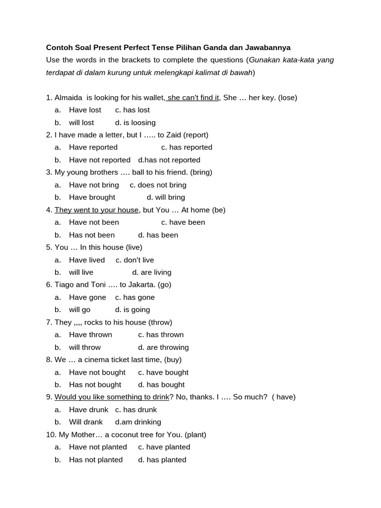 Contoh Soal Present Perfect Tense Pilihan Ganda Dan Jawabannya | PDF