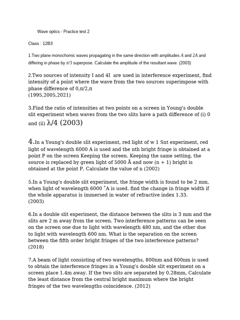 Wave Optics Practice Set 2 | PDF | Diffraction | Wavelength