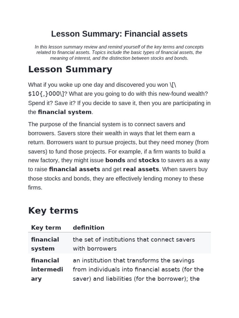 AP Macroeconomics Financial Assets Summary | PDF | Bonds (Finance) | Stocks