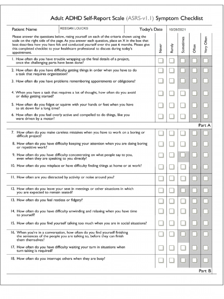 2021 Oct 28 Adult ADHD Self Report Scale ASRS | PDF