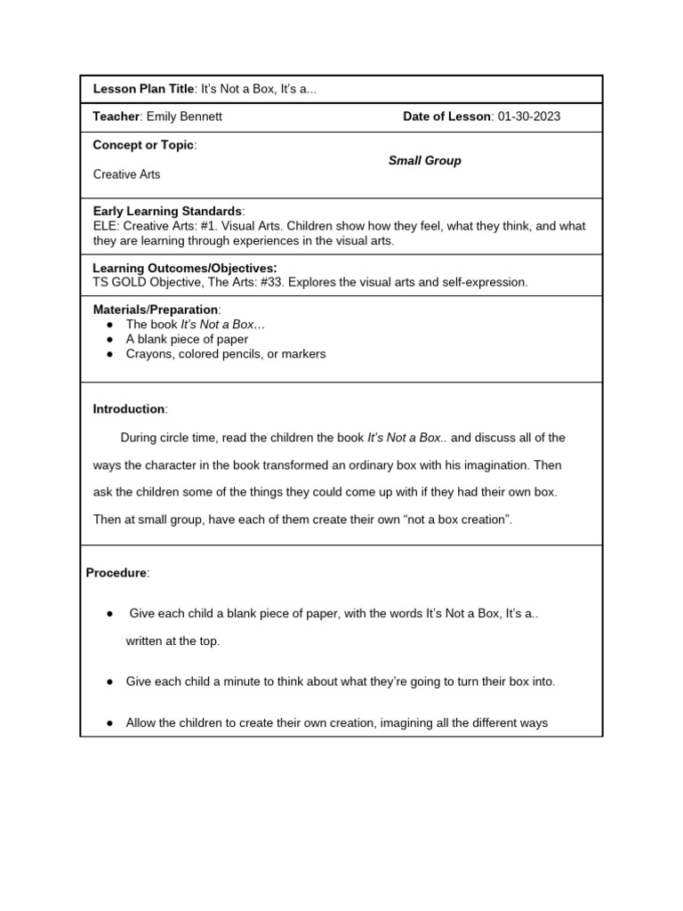 Creative Arts Lesson Plan: Imagination | PDF