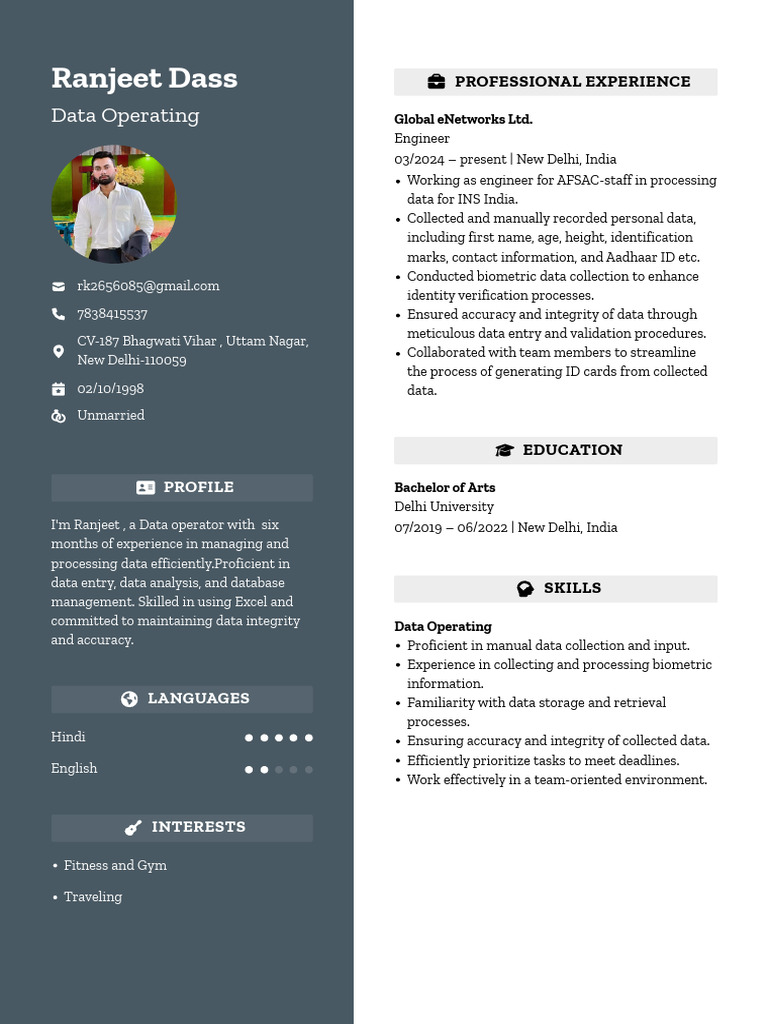 Ranjeet Dass FlowCV Resume 20241013 | PDF | Identity Document | Biometrics