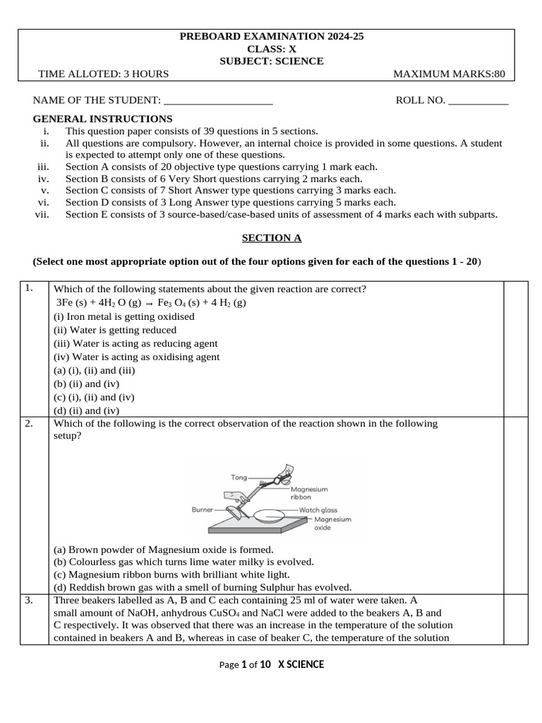 10 Science Preboard Exam 24-25 | PDF | Refractive Index | Refraction