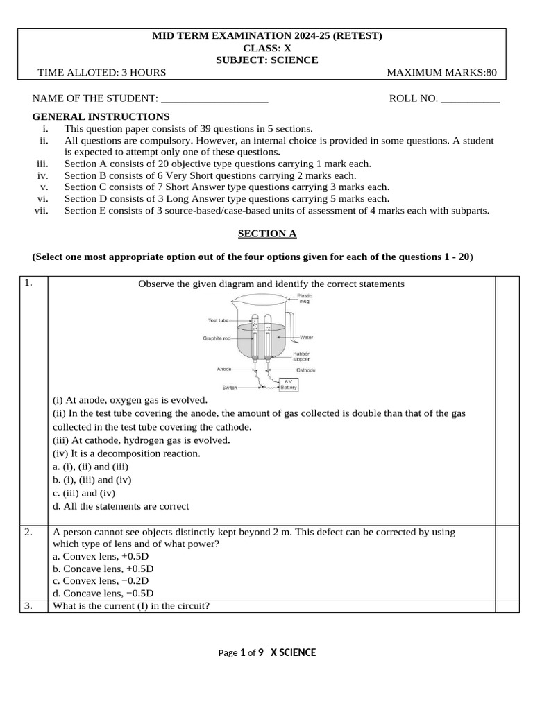10 Science Mid Term 24-25 Retest | PDF | Acid | Ph