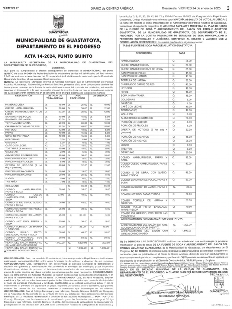 Acta 14-2024 - Muncipalidad de El Progreso, Guatatoya Tarifario | PDF